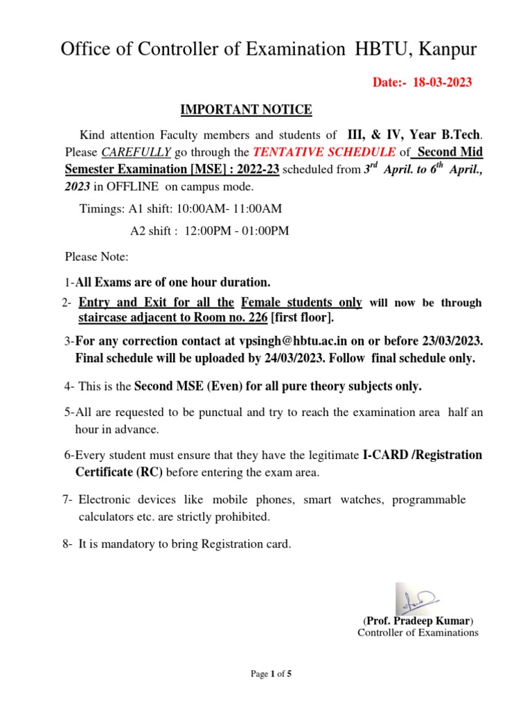 18 March_ TENTATIVE Mid sem schedule Examamination 2022-2023 | PDF