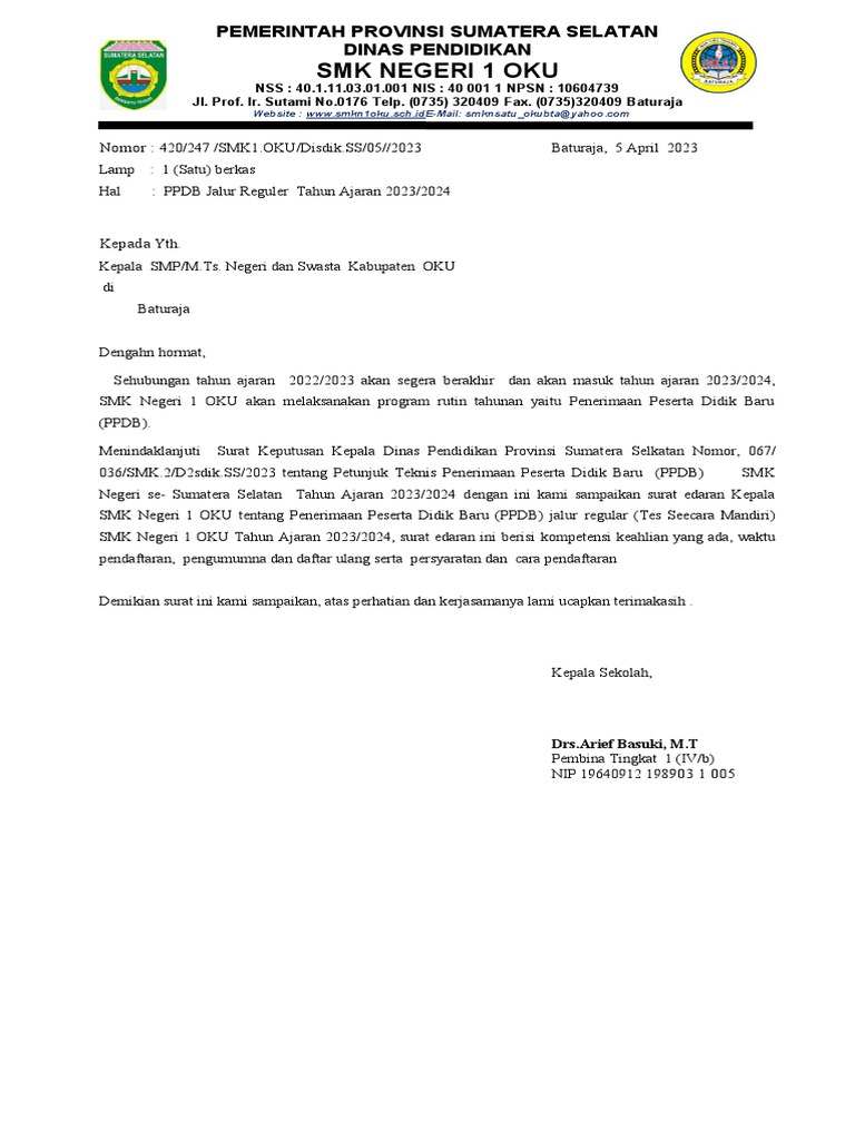 Edaran PPDB Jalur Reguler 2023 | PDF