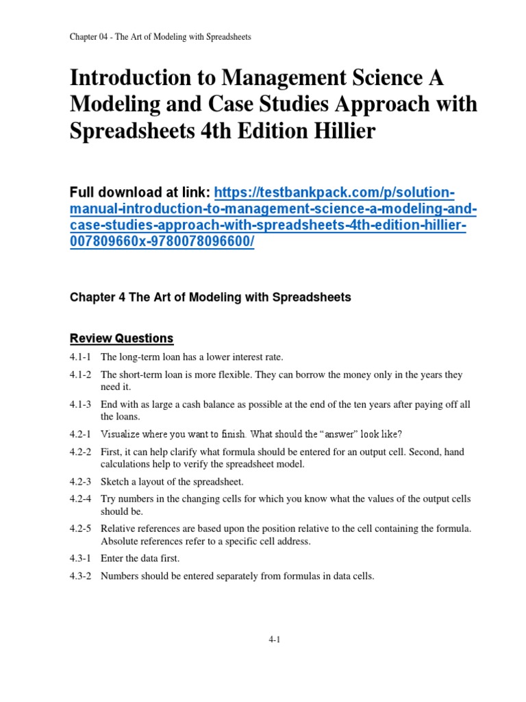 Introduction To Management Science A Modeling and Case Studies Approach With Spreadsheets 4th ...