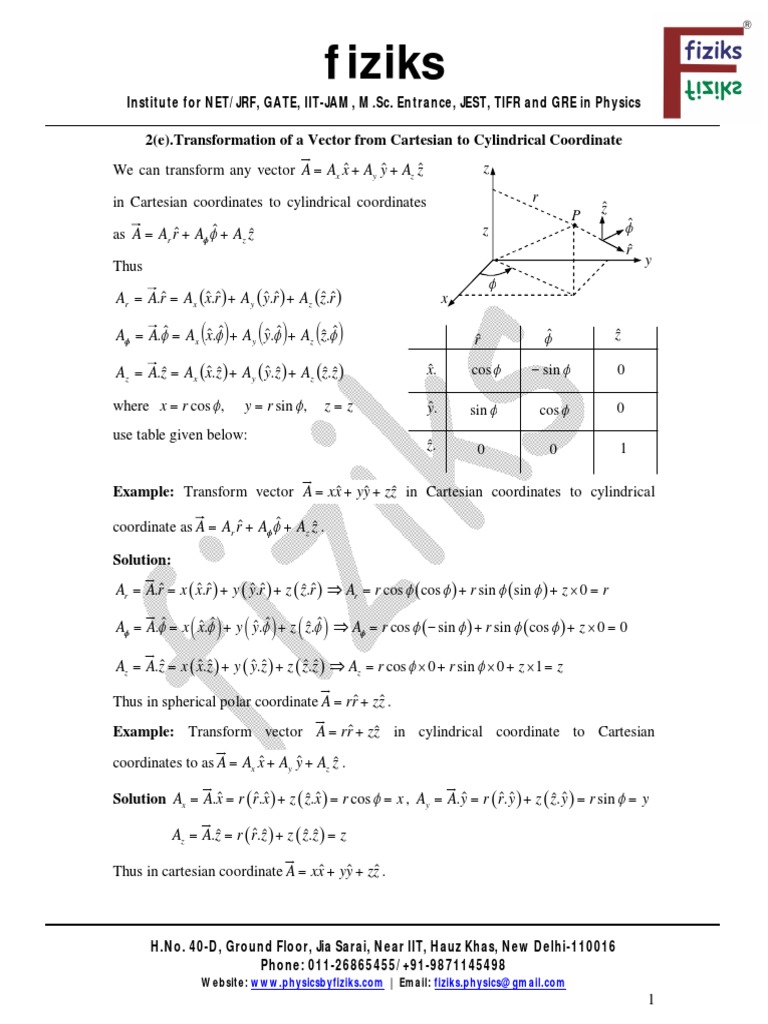 2e Transformation Of A Vector From Cartesian To Cylindrical Coordinate Pdf Euclidean Vector