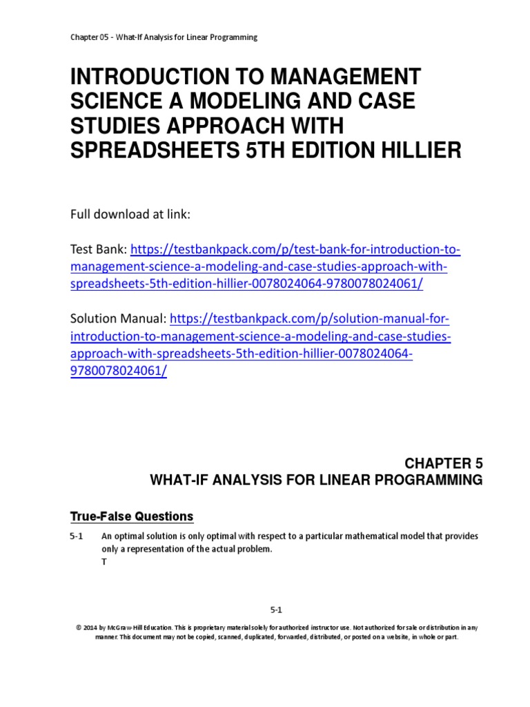 Introduction To Management Science A Modeling and Case Studies Approach With Spreadsheets 5th ...