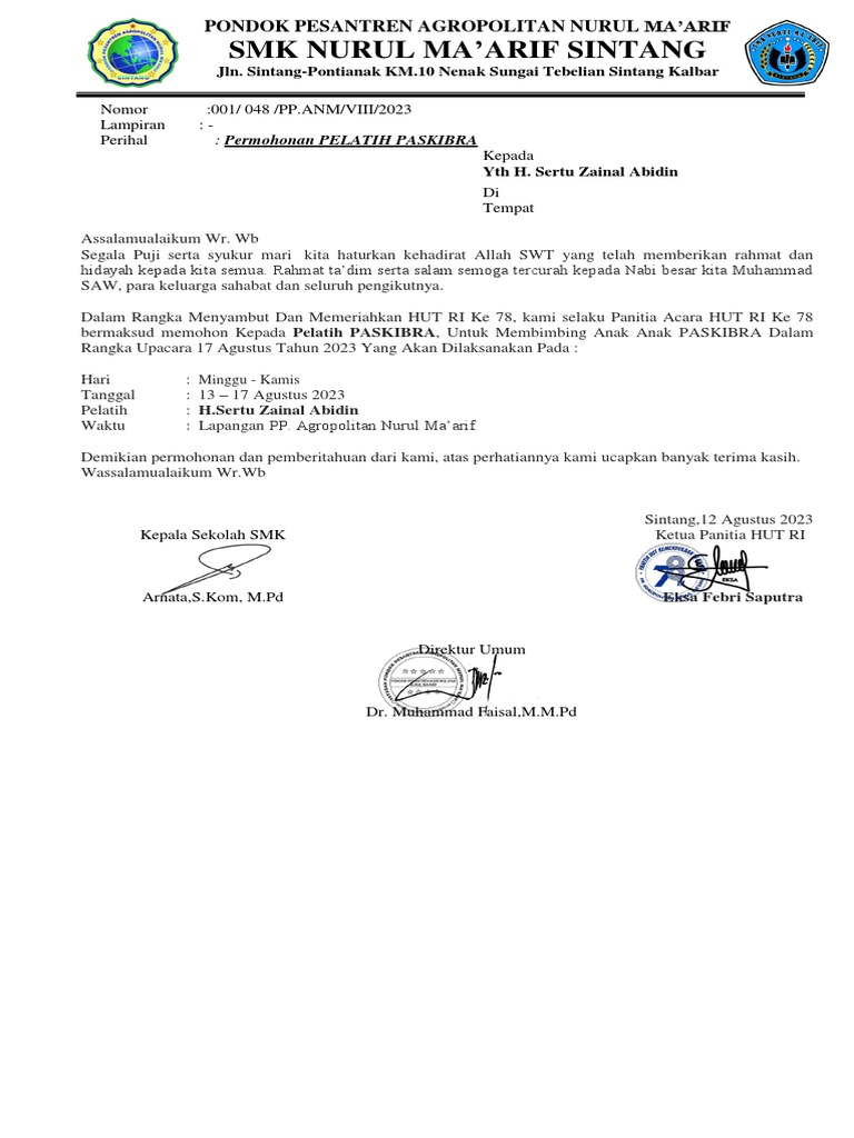 Surat Pelatih Paskibra 2023 | PDF