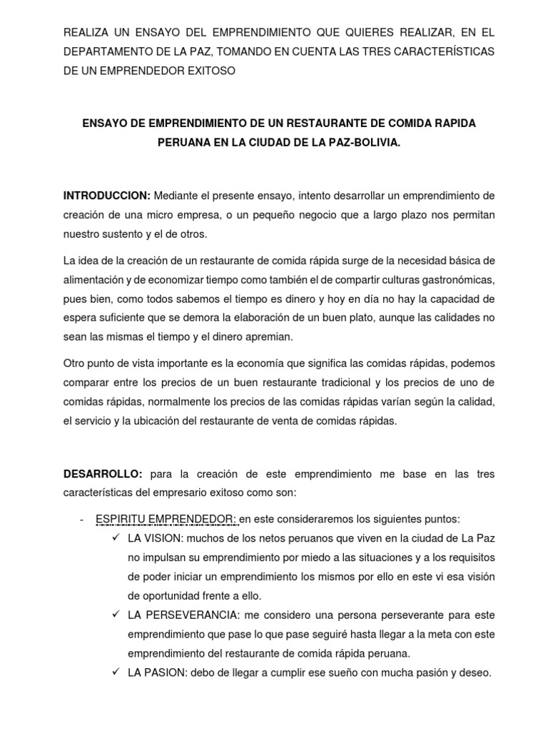 Ensayo de Comida Rapida Con Las 3 Caracteristicas Del Emprendedor | PDF ...