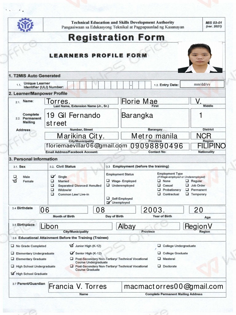 TESDA DPA Form 1 Registration Form MIS 03 01 | PDF
