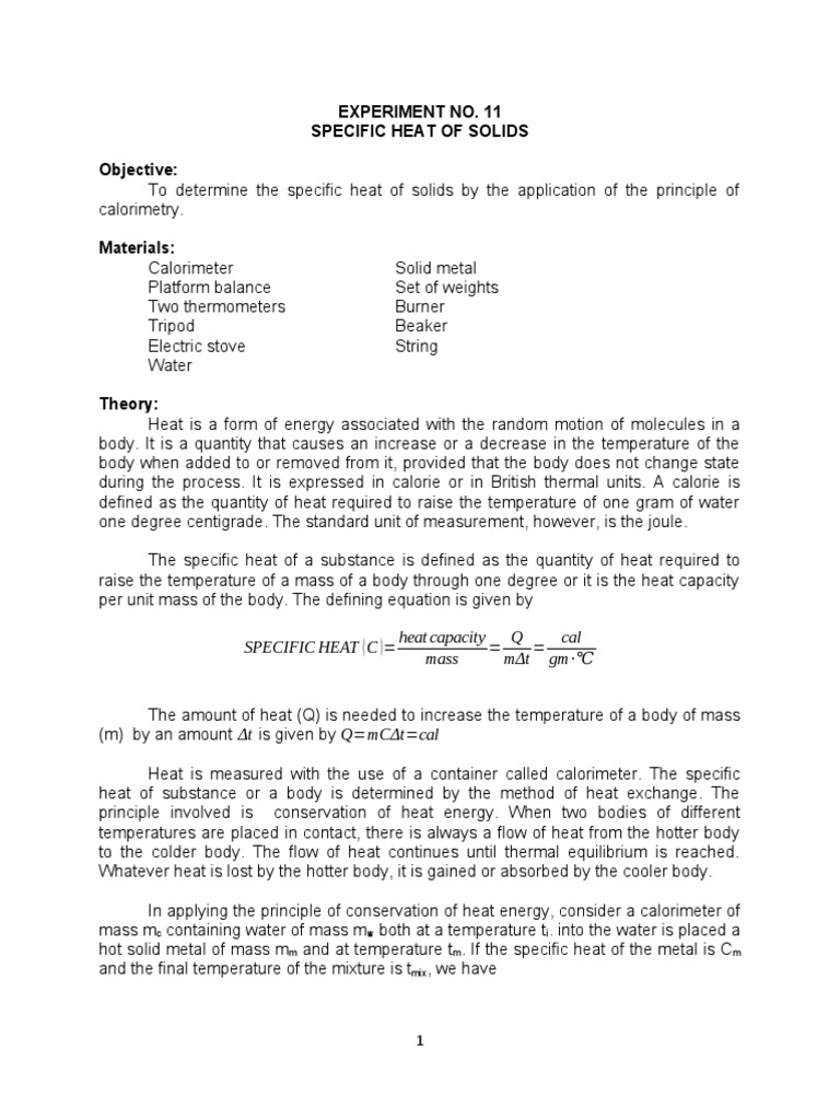 Expt. No. 11 Specific Heat | PDF | Heat | Heat Capacity