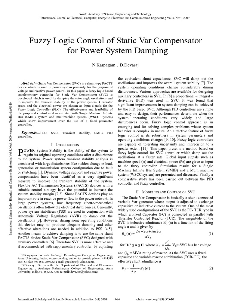 Fuzzy Logic Control of Static Var Compensator for Power System Damping | PDF
