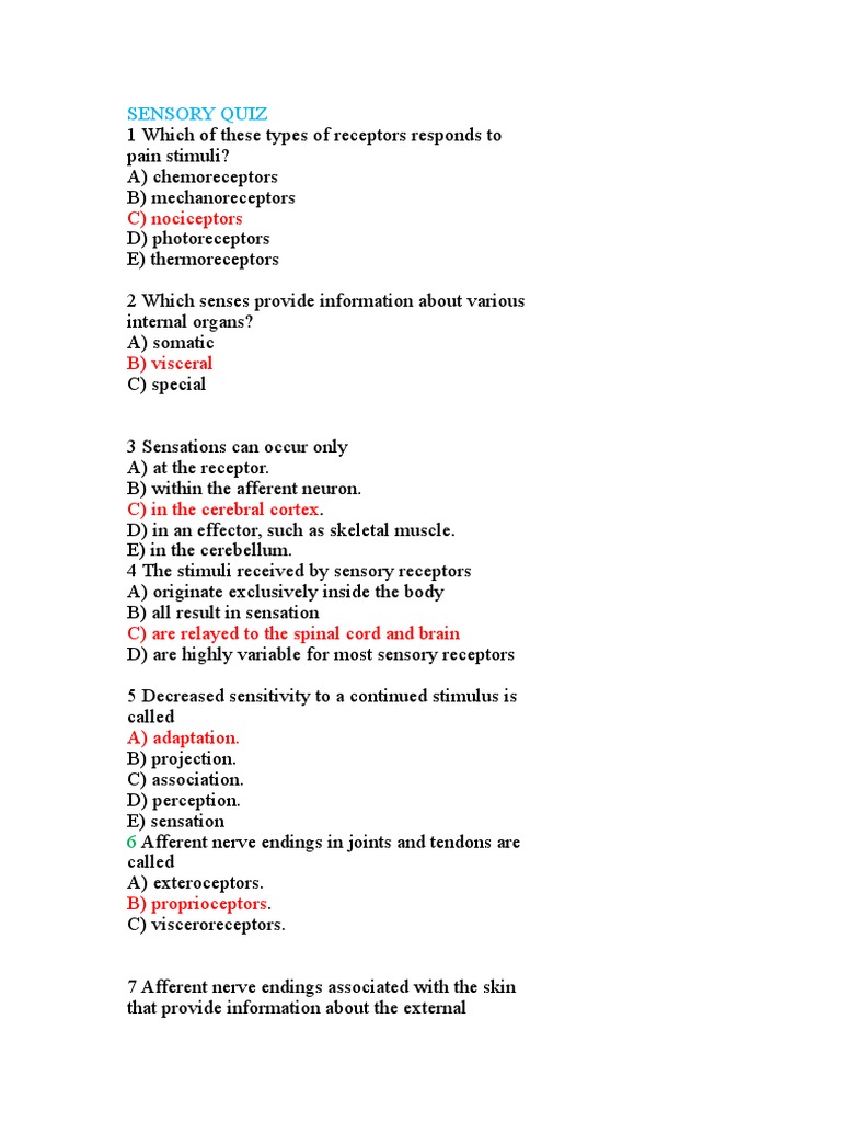 Sensory System Quiz Questions | PDF