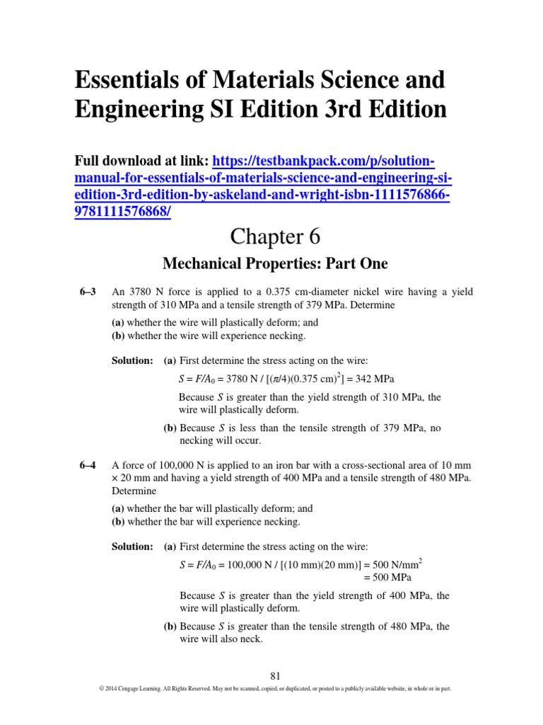 Essentials of Materials Science and Engineering SI Edition 3rd Edition Askeland Solutions Manual ...