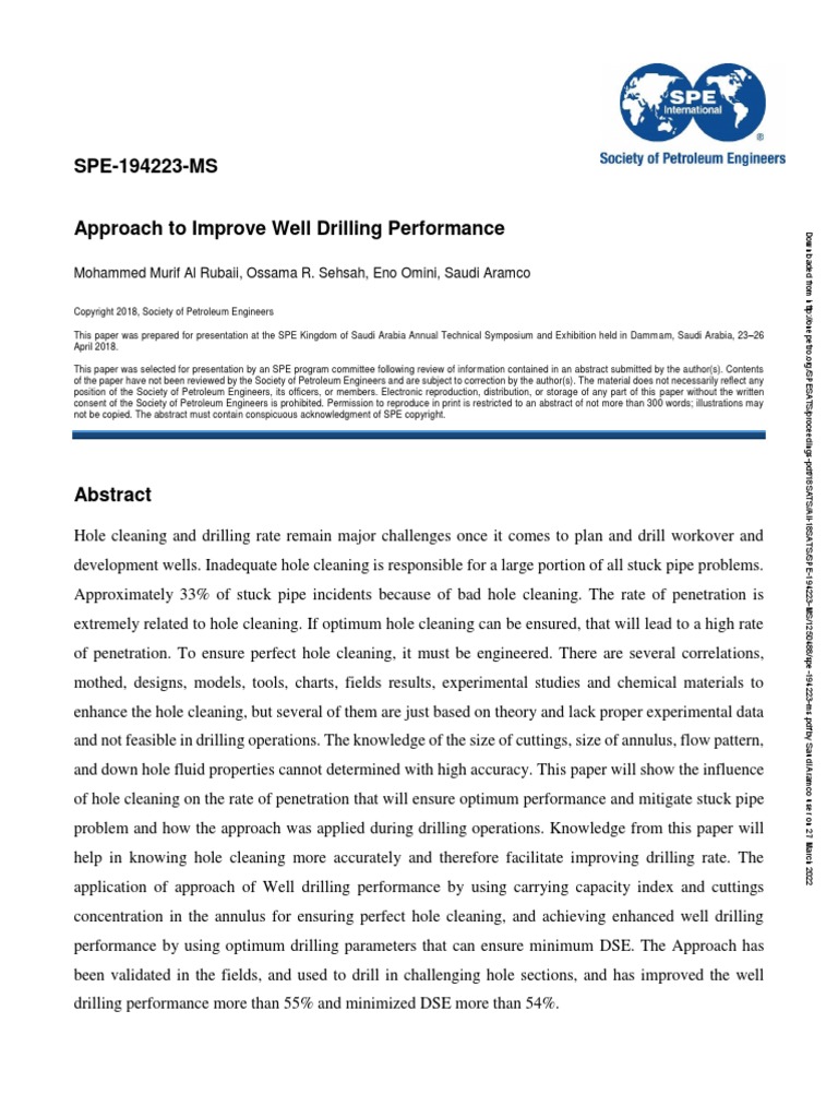 Approach To Improve Well Drilling Performance. Spe-194223-Ms | PDF