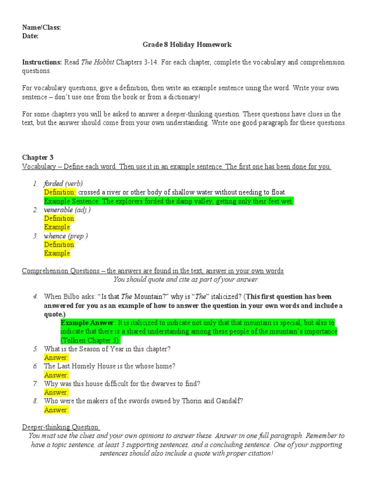 Grade 8 Winter Homework - The Hobbit | PDF | Bilbo Baggins | The Hobbit
