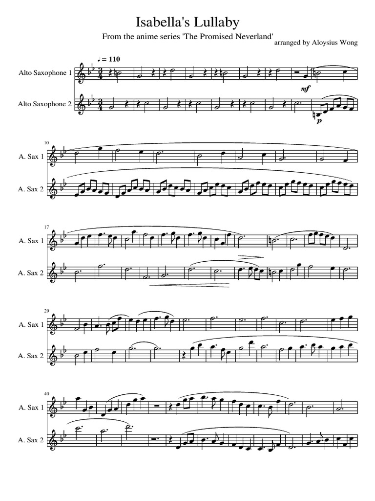 Isabella's Lullaby for Alto Saxophone | PDF