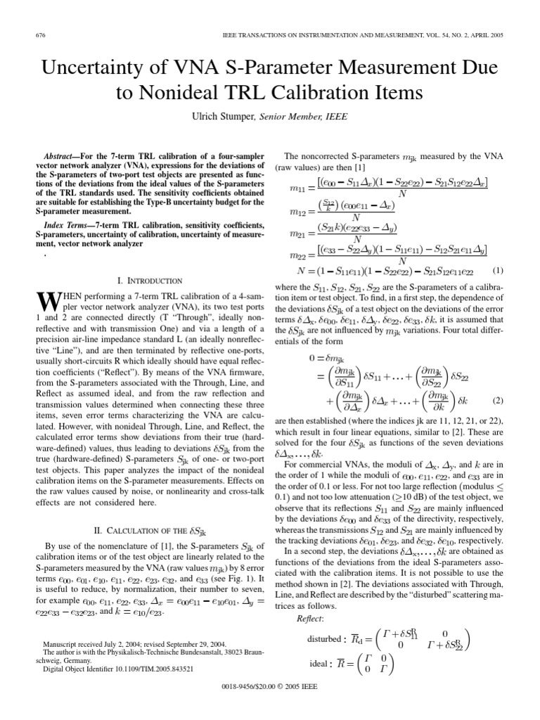 7.uncertainty of VNA S-Parameter Measurement Due To Nonideal TRL Calibration Items | PDF ...