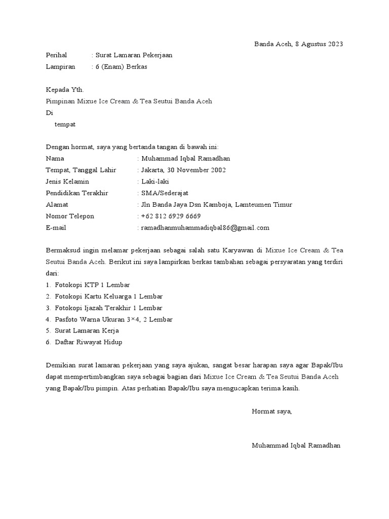 Surat Lamaran Iqbal Mixue | PDF