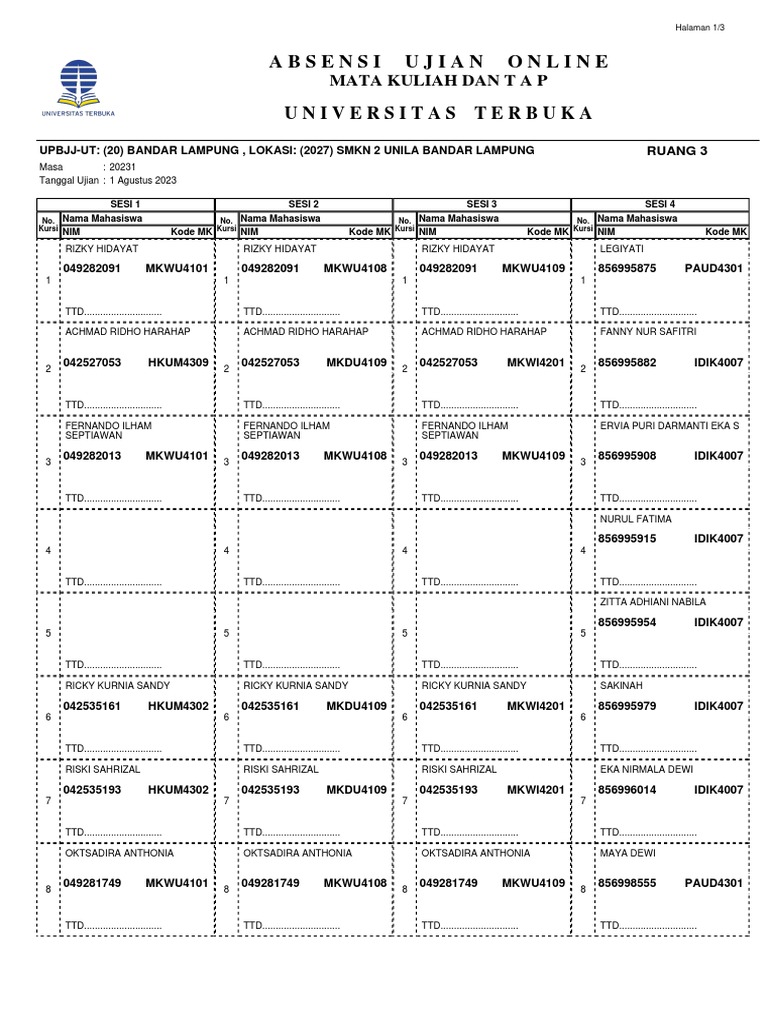 Absensi Ujian Online: Universitas Terbuka | PDF
