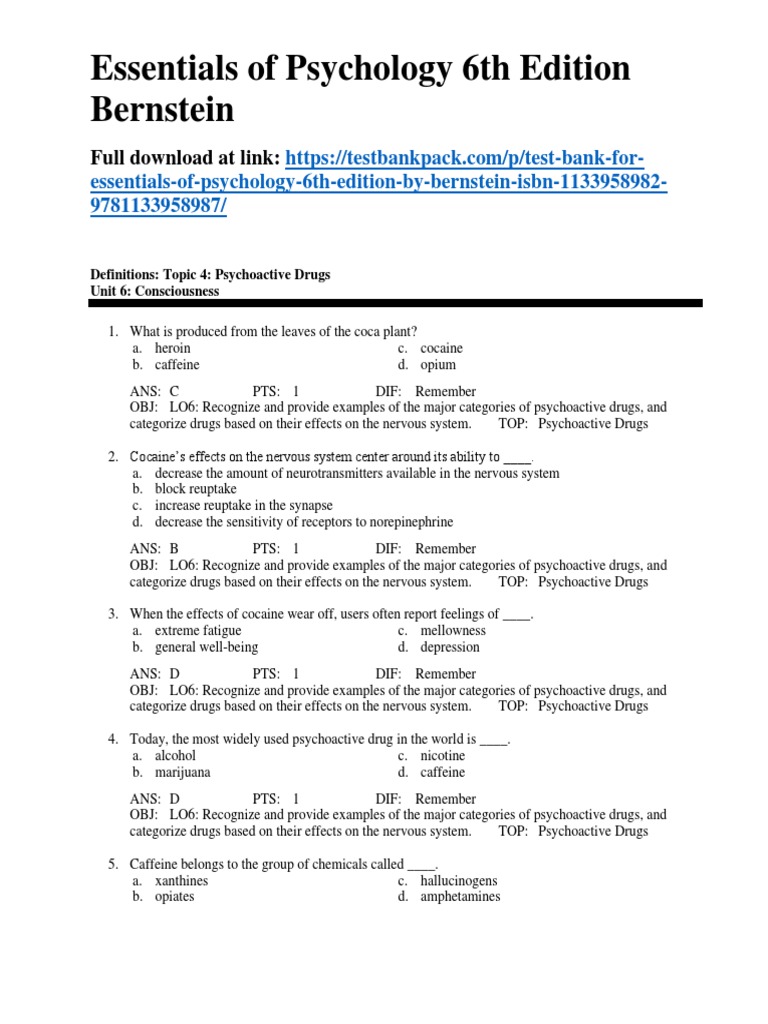 Essentials of Psychology 6th Edition Bernstein Test Bank Download | PDF ...