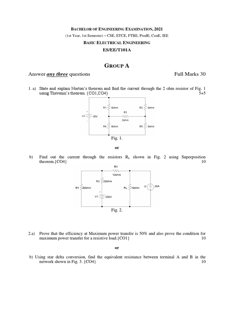 Basic Electrical 1st Year 2021 T101A | PDF
