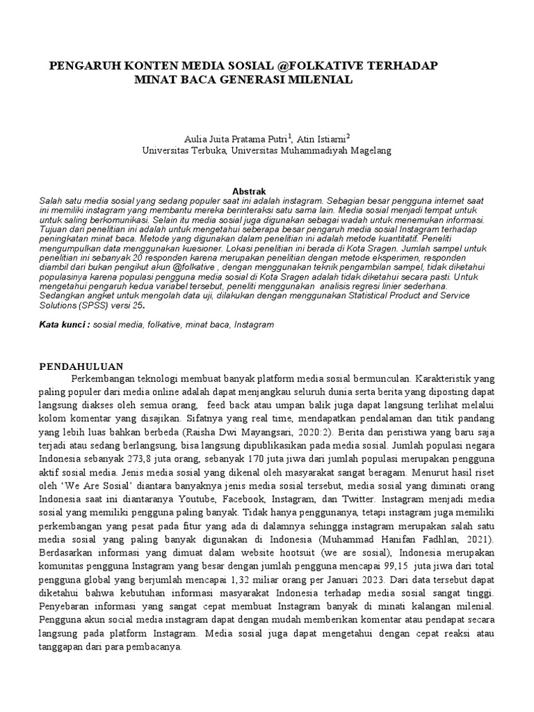 Jurnal Pengaruh Konten Media Sosial Instagram @folkative Terhadap Minat Baca Genrasi Milenial | PDF