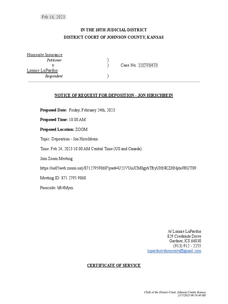 Deposition Notice for Lonnie LuPardus | PDF | Judiciaries