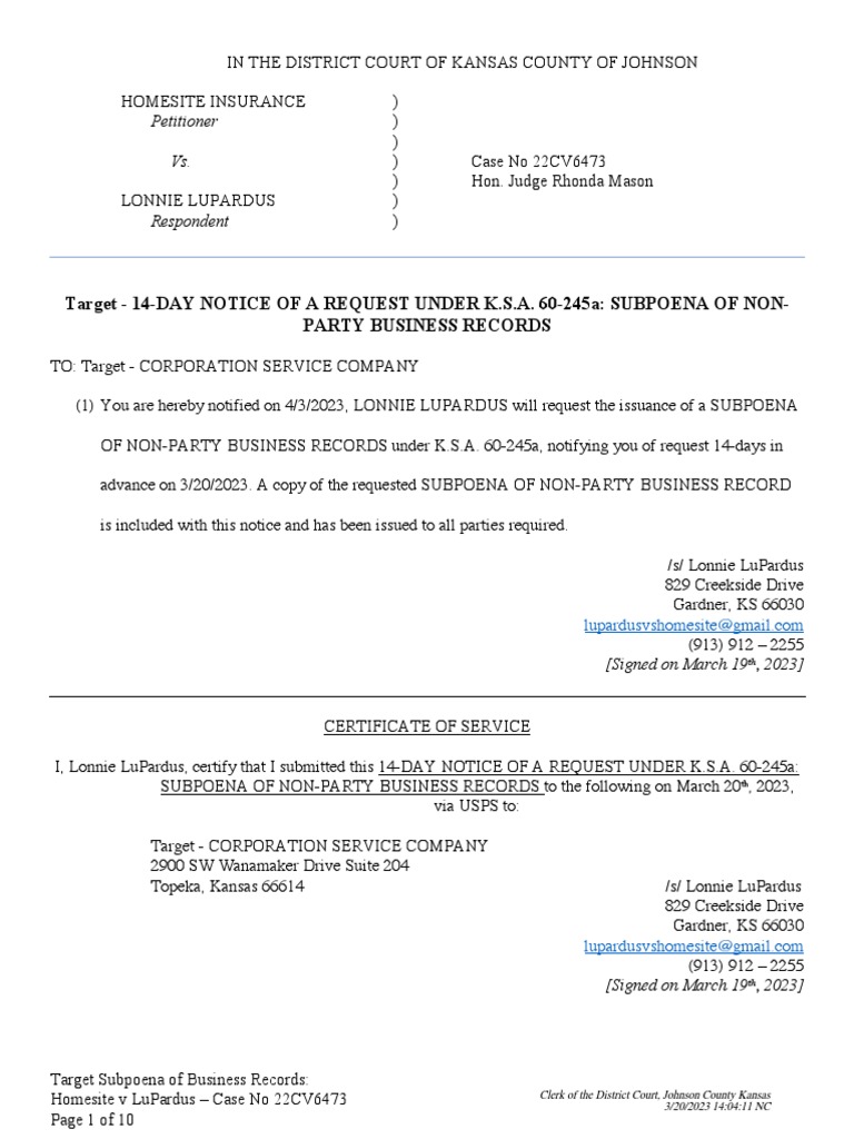 2023.03.20 - Doc. 69 14 Day Notice of Request For Non Party BRS ...