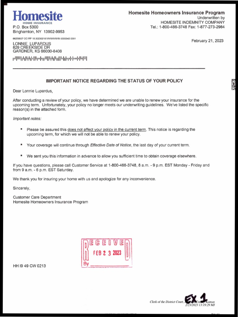 Homesite Insurance Nonrenewal Notice | PDF | Insurance | Financial Services