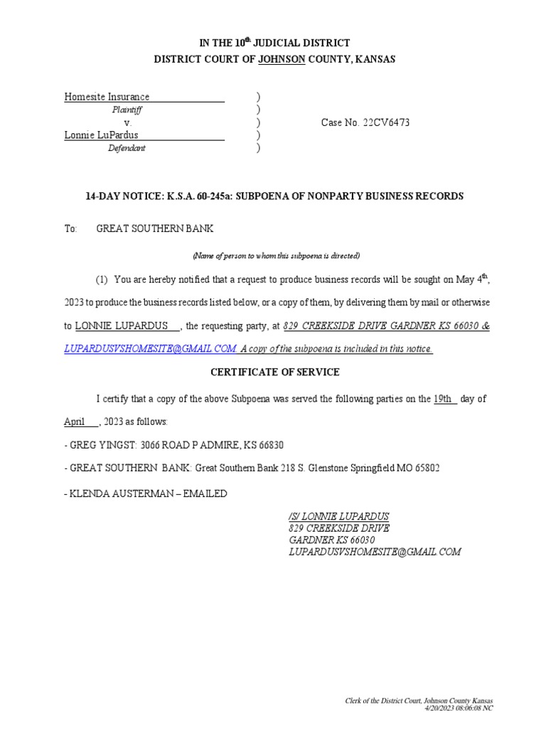 2023.04.20 - Doc. 114 14 Day Notice of Request For Non Party BRS - Great Southern Bank | PDF