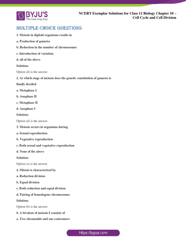 NCERT Exemplar Solutions For Class 11 Biology Chapter 10 Cell Cycle and ...