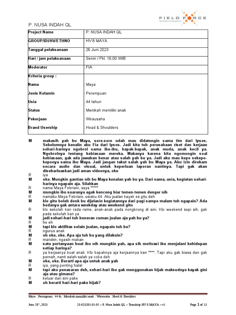23-023201-01-05 - P. Nusa Indah QL - Transkrip HV 8 MAYA - v1 | PDF