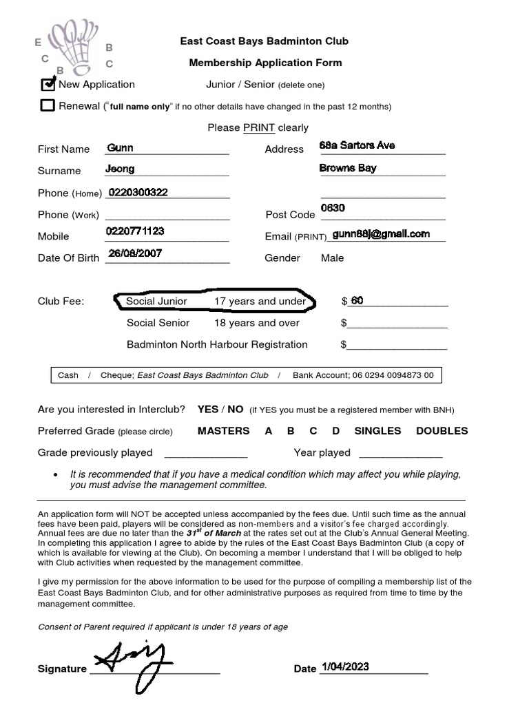 East Coast Bays Badminton Club Application Form 1A-2 | PDF