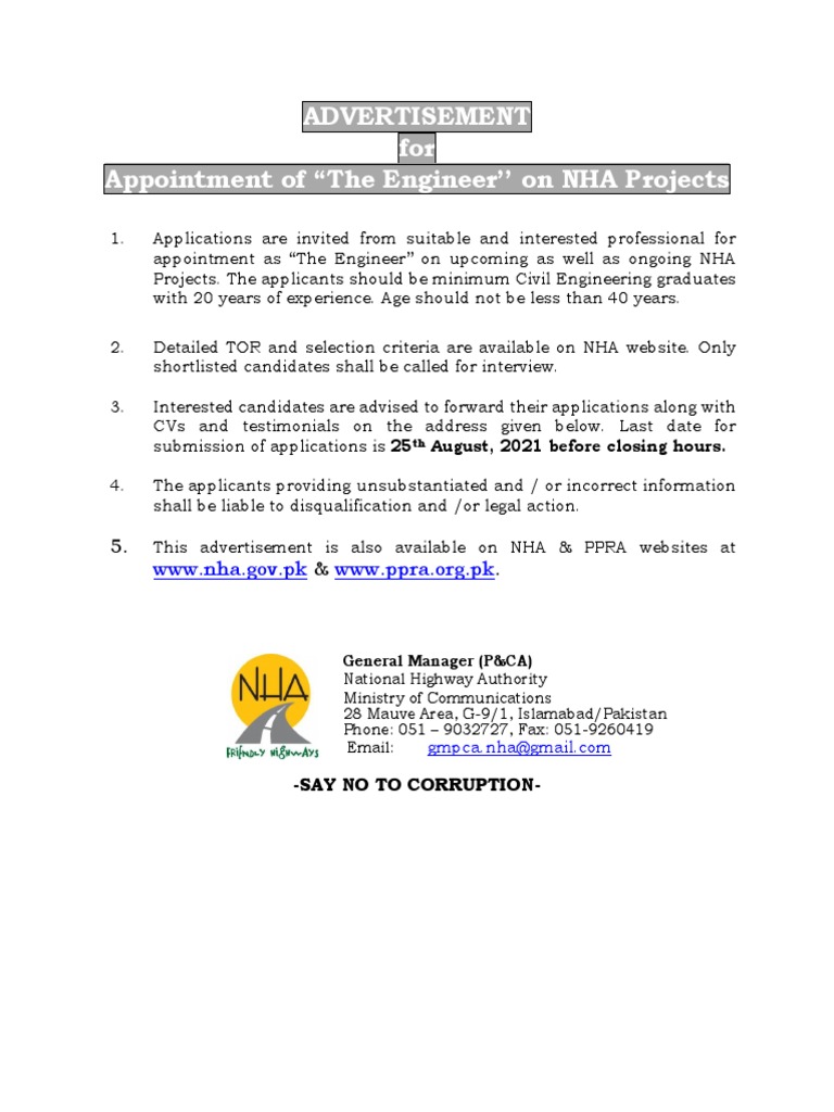 Advertisement For Appointment of "The Engineer'' On NHA Projects | PDF