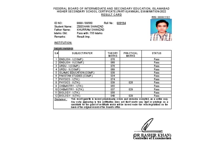 2022 2nd Year Result Card - FBISE | PDF | Pakistan
