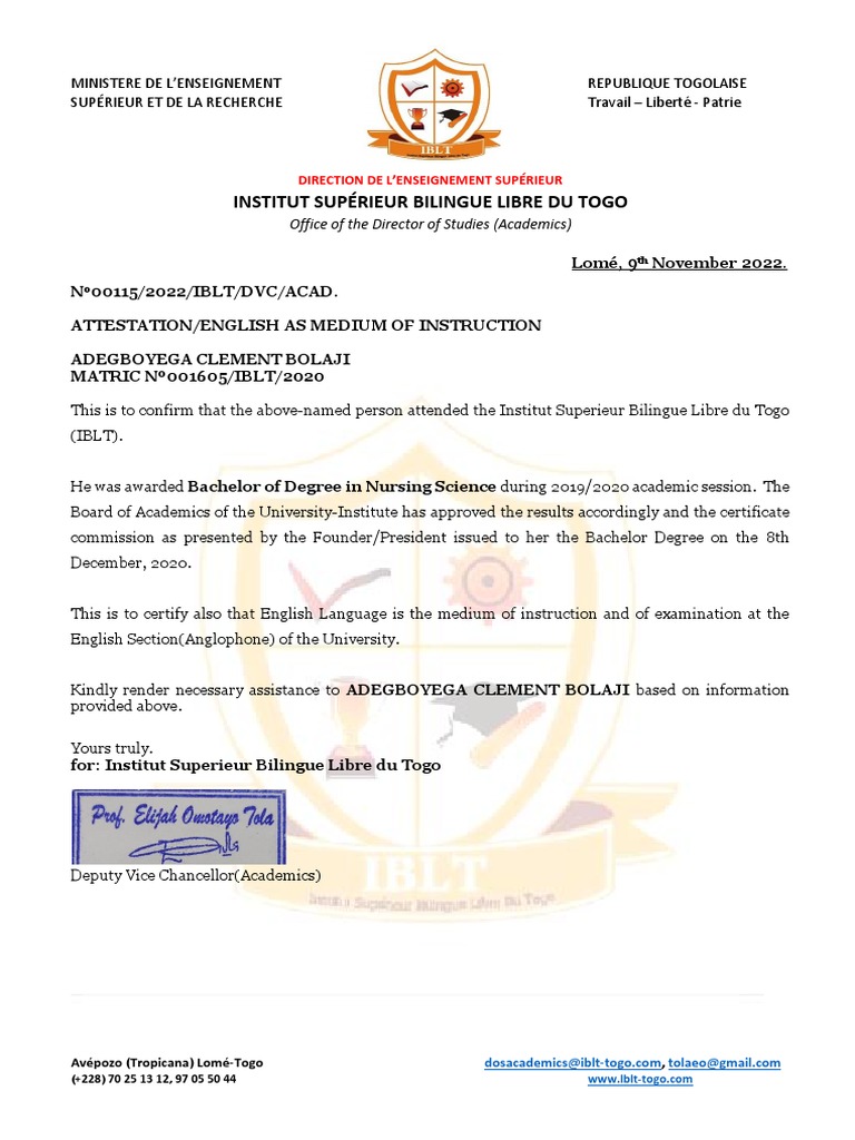 Attes. Letter-English Prof. Adegboyega Clement | PDF