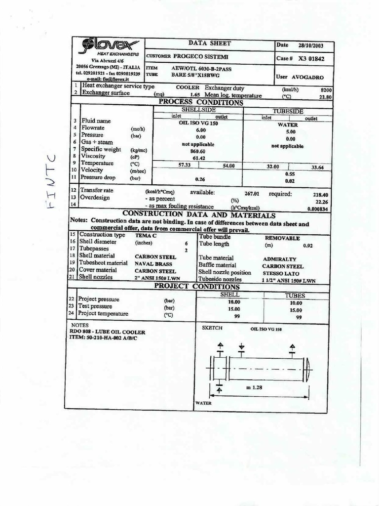 Lube Oil Cooler Data Sheet | PDF