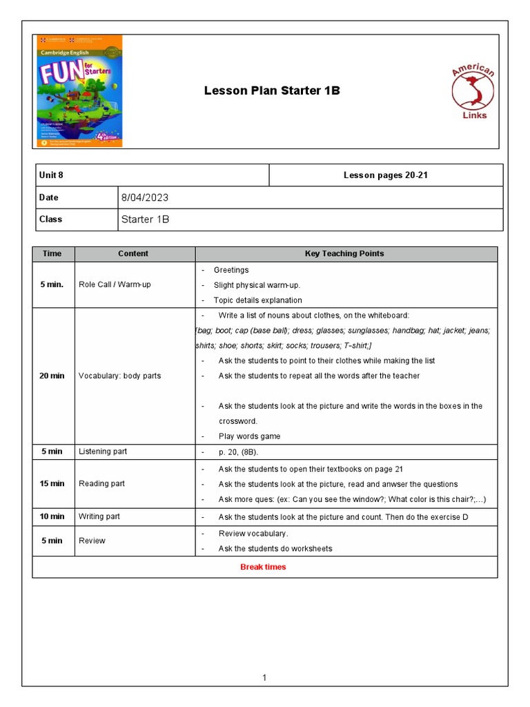 Lesson Plan Unit 8 Fun For Starter (Starter 1B) | PDF