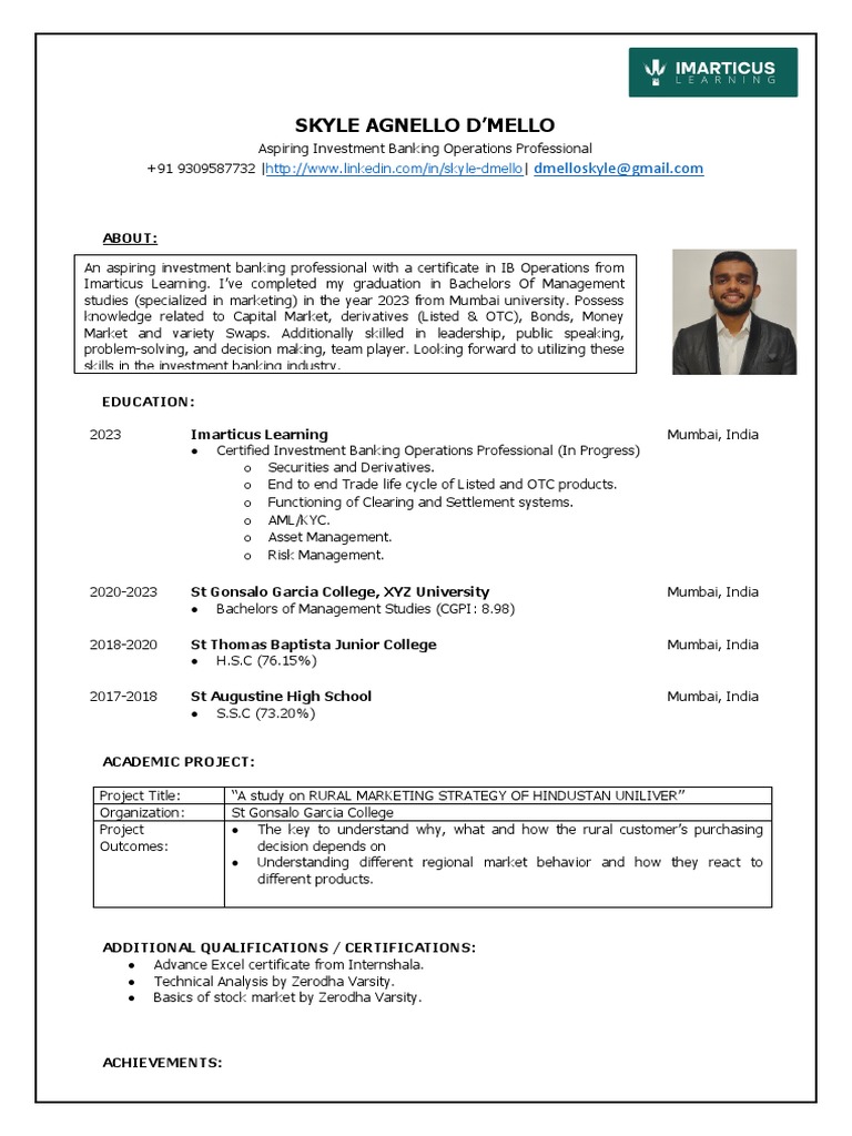 CIBOP - New Imarticus Resume Template (5) Skyle | PDF