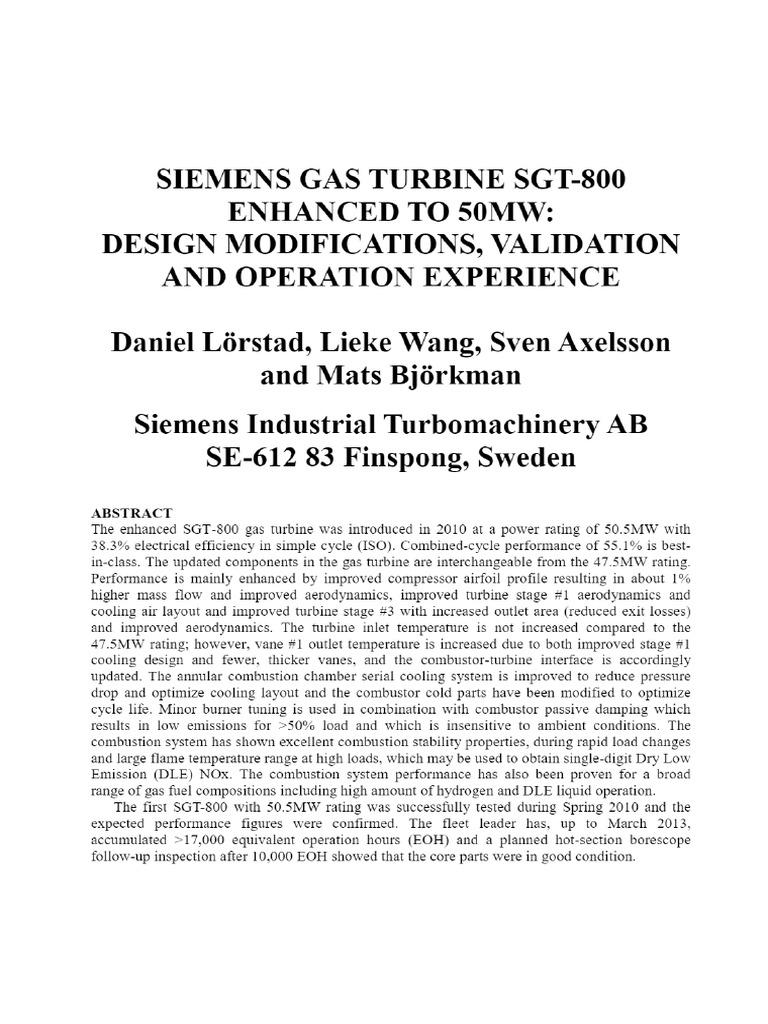 Siemens Gas Turbine Sgt-800 Enhanced To 50mw - Design Modifications, Validation | PDF