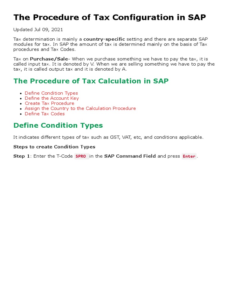 The Procedure of Tax Configuration in SAP | PDF
