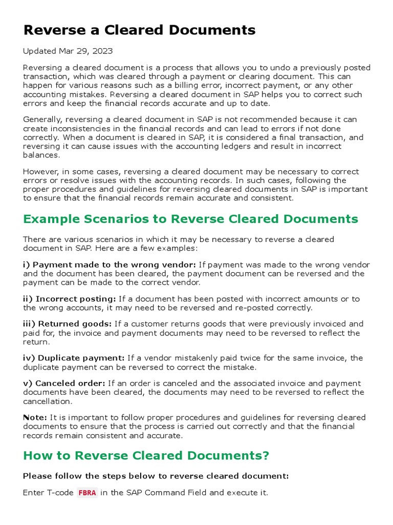 Reversing Cleared Documents in SAP | PDF | Business