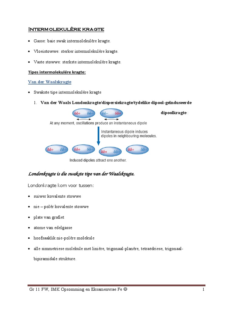 Intermolekulêre Kragte, Opsomming en Eksamenvrae 2023 | PDF