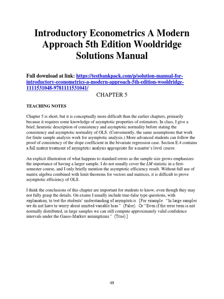Introductory Econometrics A Modern Approach 5th Edition Wooldridge Solutions Manual 1 | PDF