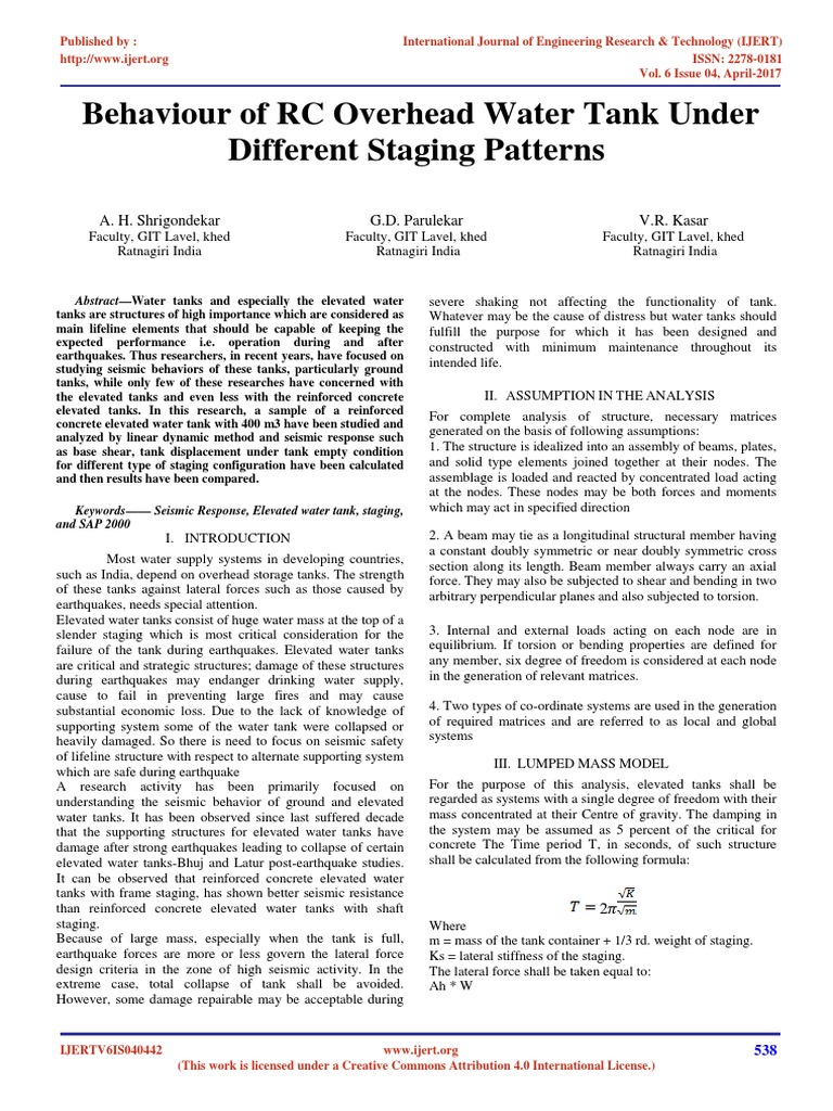 Behaviour of RC Overhead Water Tank Under Different Staging Patterns ...