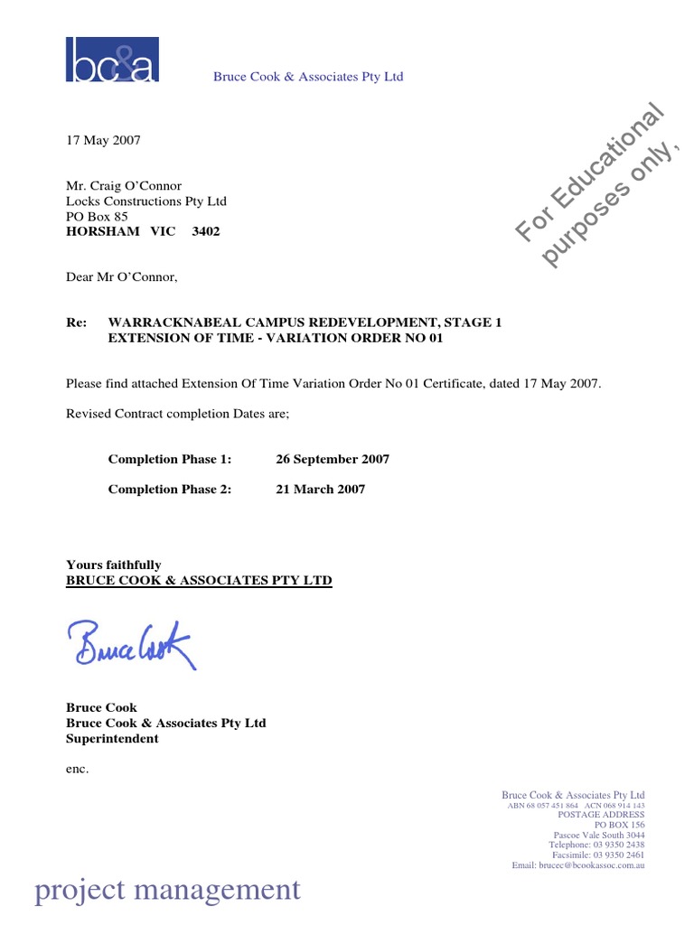 Letter EOT Variation Order No 01 - example | PDF
