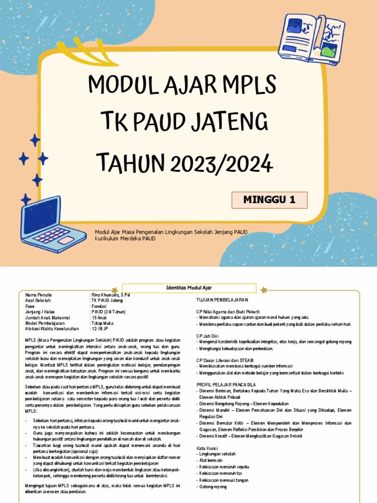 RPP Modul Ajar MPLS PAUD Jateng 2023-2024 - Minggu 1 | PDF