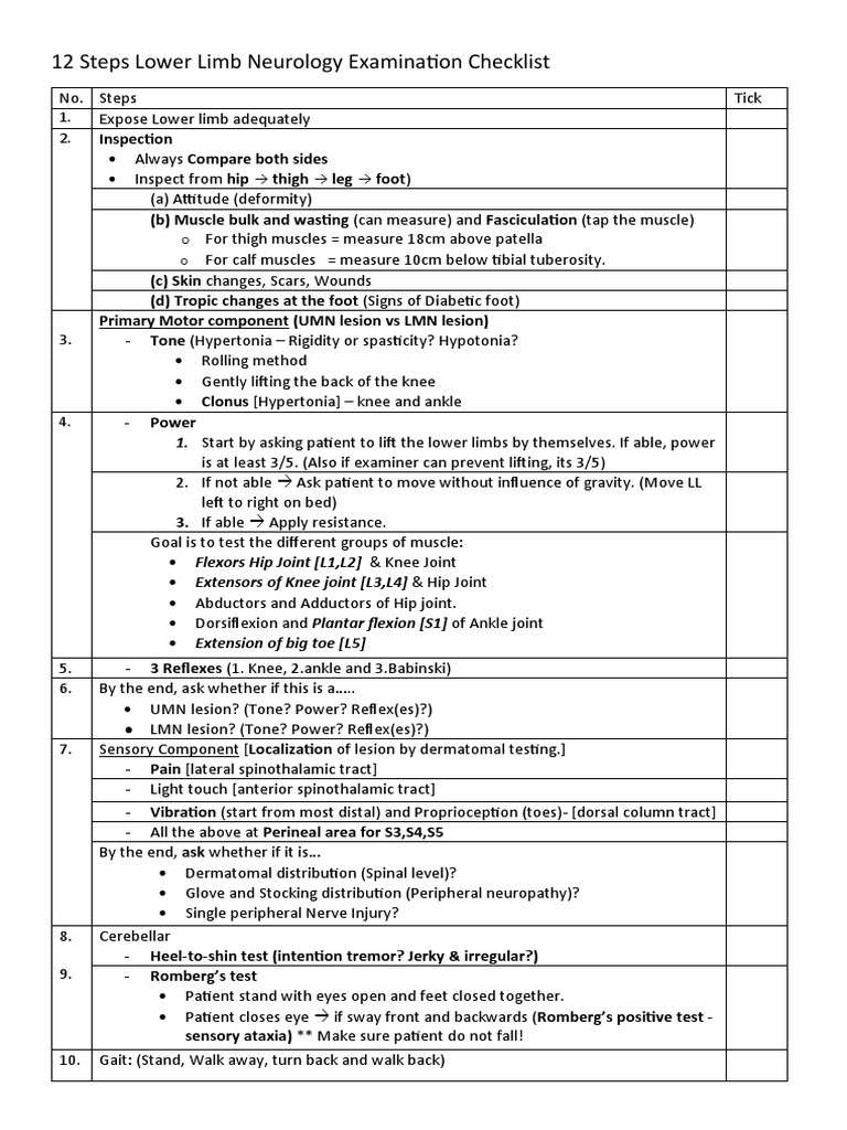 Neuro LL 12 Steps LL Neurology Examination Checklist | PDF