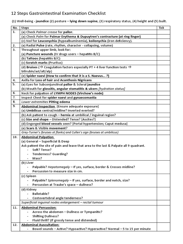GIT 12 Steps Gastrointestinal Examination Checklist | PDF