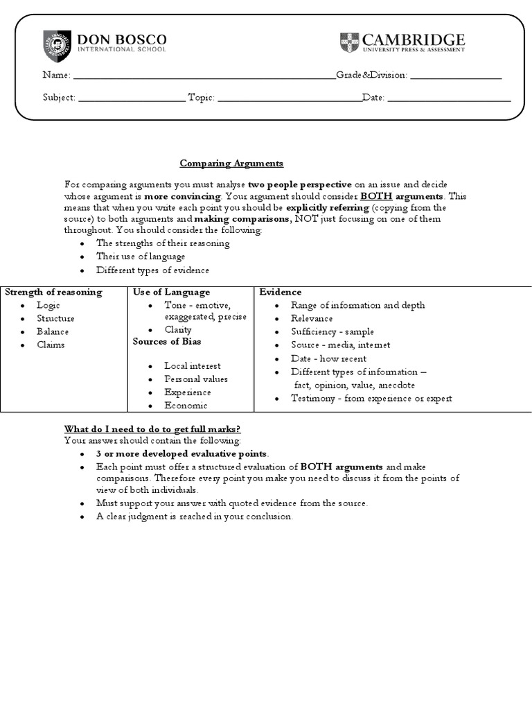 Comparing Arguments Pdf