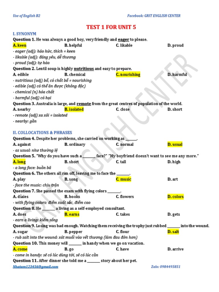 Test 1 For Unit 5 - Key | PDF