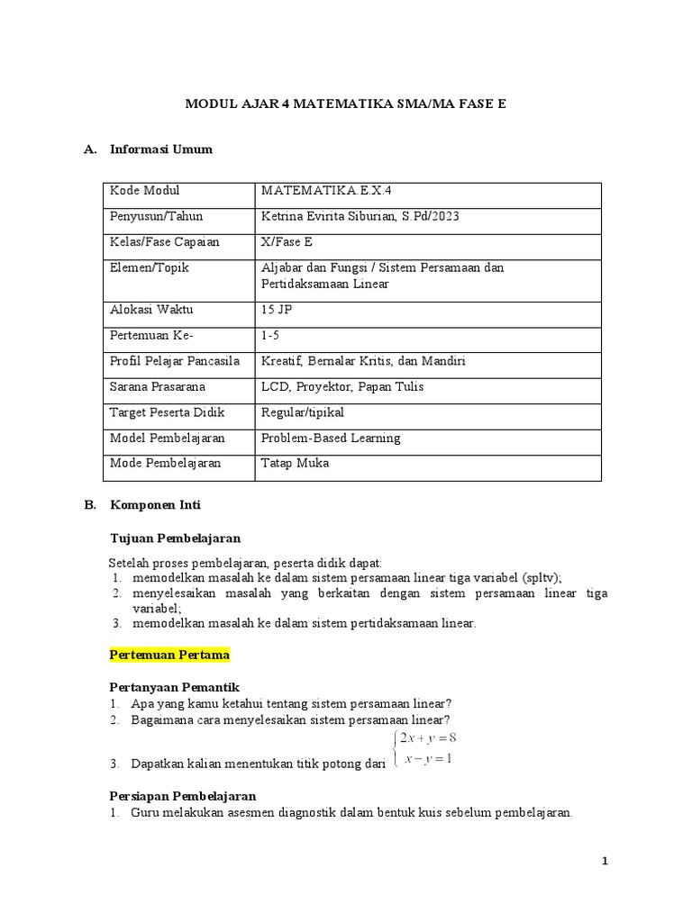 Modul Ajar 4 Matematika Sma Fase e | PDF