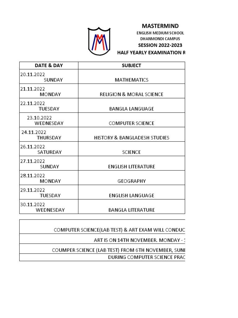 Class Vi Half Yearly Exam Routine Dhanmondi 6 | PDF