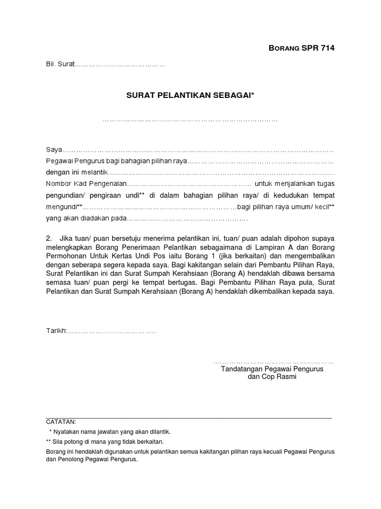 Borang SPR 714 Surat Pelantikan Sebagai Print Paper White 1 Side | PDF