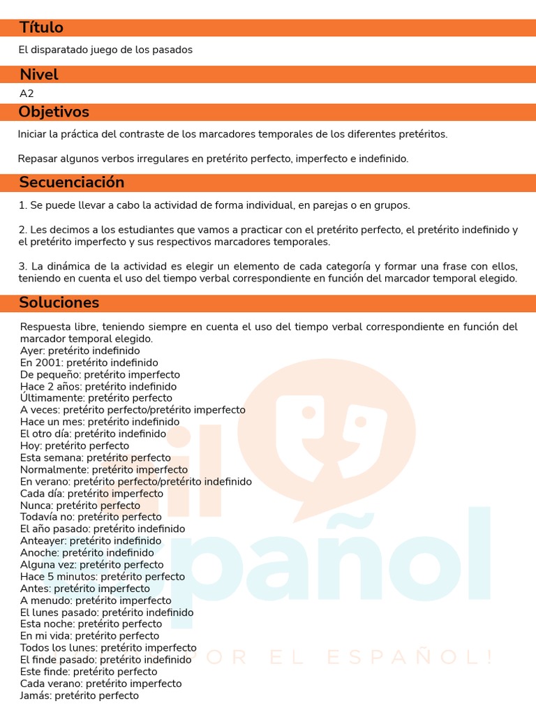 Secuenciacion Actividad Espanol Contraste Pasados Preterito Perfecto ...